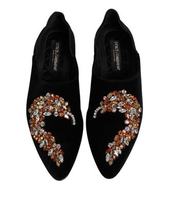 Dolce & Gabbana Mens Black Velvet Embellished Loafer Slip On Shoes