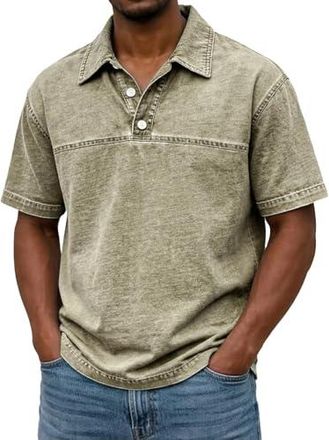 Generic DENGJIAMY Polo vintage pour homme d&eacute;contract&eacute; uni lavage &agrave; lacide T-shirt &agrave; manches courtes r&eacute;tro chemise de golf pour homme T-shirt &agrave; col Fshion Gran