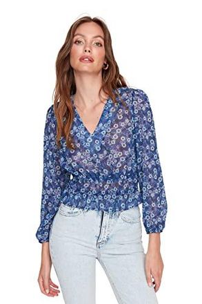 Trendyol Woman Basic Regular Standard V Neck Woven Blouse Chemise, Blue, 36 Femme