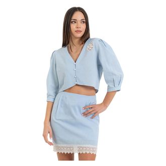 Kocca Femme, Blouses et Chemises, Bleu, Taille: 38 FR Chemise courte en pur coton avec d&eacute;tails en dentelle