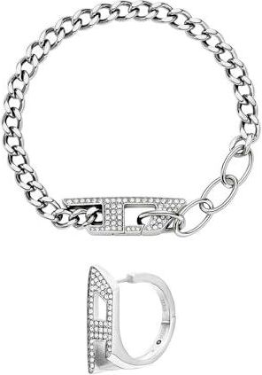 Diesel Homme Bracelet et Boucles dOreilles D Logo en Acier Inoxydable Argenté, Set