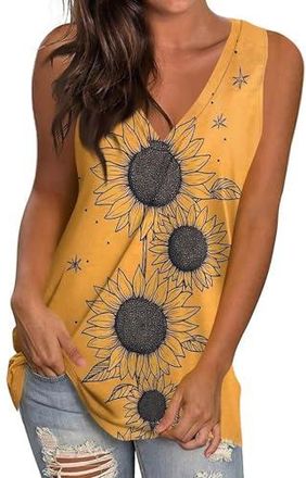 Generic Debardeur Femme Chic et &eacute;l&eacute;gant Chemisier sans Manche Imprimer D&eacute;bardeur Grande Taille Top Col V ete Haut Chic et Elegant Fluide Ample Caraco Vetement