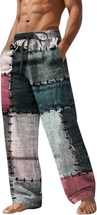 Generic Pantalon patchwork en lin pour homme - Style vintage - Coupe droite - Style hippie - Pantalon de parachute - Pantalon de yoga respirant - Couleurs con