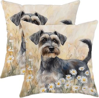 Generic Hunde-Kissenbezüge mit grauem Schnauzer-Blumenmuster, dekorativer quadratischer Bauernhaus-Kissenbezug für Zuhause, Sofa, Bett, Couch, 40,6 x 40,6 cm,