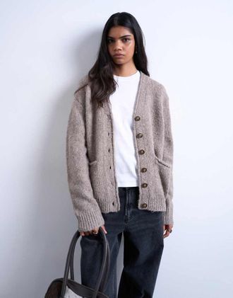 Topshop Dicke Longline-Strickjacke aus Wollmix mit Taschen-Neutral