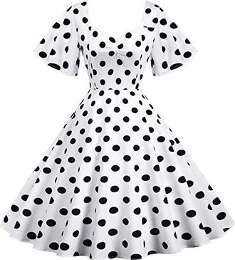 Generic Femmes Vintage Retro Robe De Cocktail Col Carré TrapèZe Rockabilly à Manches Courtes VolantéEs Imprimé à Pois AnnéEs 50 Ceinturé Dos Nu Encolure Coeur