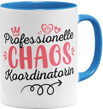 OM3 Professionelle Chaos Koordinatorin Kaffee-Tasse mit Spruch - B&uuml;rotasse B&uuml;ro - Keramik Becher - 325ml - Beidseitig Bedruckt - Hellblau