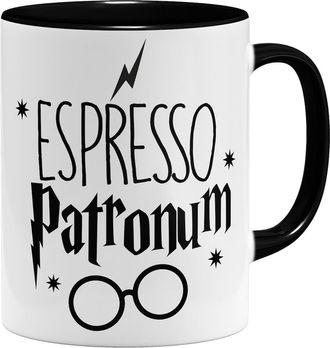OM3 Espresso Patronum Kaffee-Tasse mit Zauberspruch Coffee - Keramik Becher - 11oz 325ml - Beidseitig Bedruckt - Schwarz