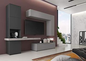 Dmora Wohnzimmerwandsystem, TV-Schrank mit 2 H&auml;ngeschr&auml;nken mit Regalen und Regal, Wohnzimmer komplett, 150x49h38 cm, Farbe Grau und Anthrazit