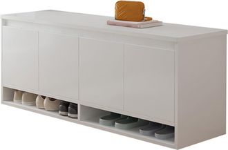 Generic Schuhbank mit Sitzfläche Holzrahmen Starke Tragfähigkeit Abnehmbare Regale Modernes Einfaches Schuhregal für Schlafzimmer Wohnzimmer Flur(White,120cm)