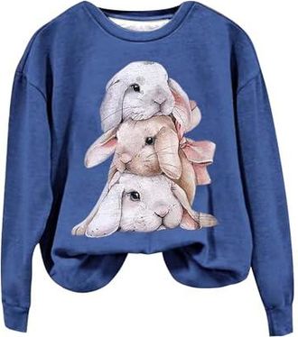 Generic Sweat-shirts lapin de P&acirc;ques pour femmes chemises de P&acirc;ques tendance &agrave; manches longues mignon lapin graphique d&eacute;contract&eacute; coupe ample tops, Bleu, M