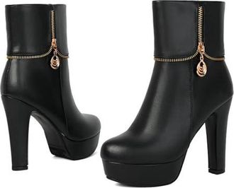 Generic Bottines Chelsea confortables à talon haut pour femme - Bout rond - Fermeture éclair latérale, Noir, 40.5 EU