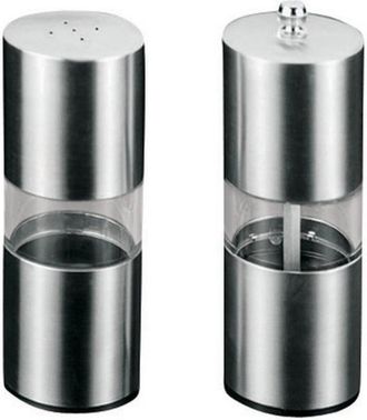 Metaltex 2er Set Salzstreuer und Gewürzmühle aus Edelstahl mit Sichtfenster, Keramikmahlwerk, Silber