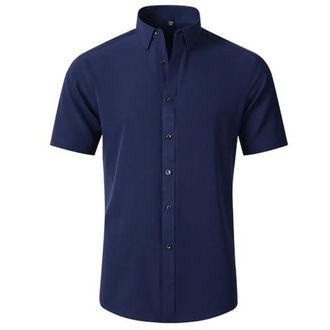 Generic Chemise &agrave; manches courtes pour homme, d&eacute;contract&eacute;e, extensible, boutonn&eacute;e, unie, classique, &eacute;l&eacute;gante, confortable, l&eacute;g&egrave;re, pour affaires, &eacute;t&eacute;, 01 Bleu