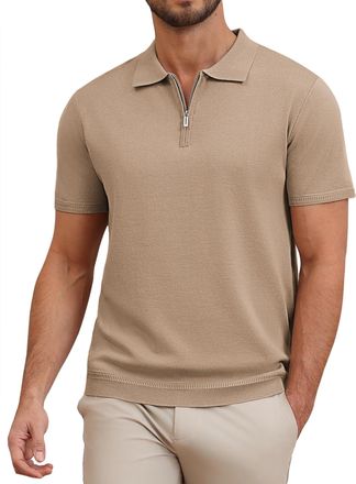 Coofandy Herren Zip Poloshirt Kurzarm Sommer Strick Polo Reißverschluss EIS T-Shirt Polohemd Golf Shirt Khaki XXL