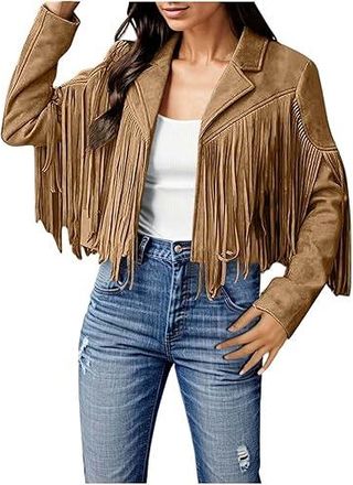 Generic HUIFUAO Veste de cowgirl courte pour femme - Tenue western vintage &agrave; manches longues et franges &agrave; revers - En daim - Veste de moto &agrave; pompons - V&ecirc;temen