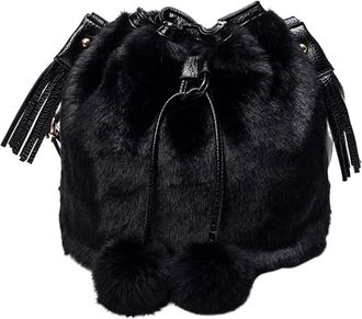 Valiclud Umh&auml;ngetasche Damen Schwarz Flauschige Pl&uuml;sch Beuteltasche mit Kordelzug Eimerform Handtasche Schultertasche f&uuml;r M&auml;dchen Alltag Einkaufen Freizeit