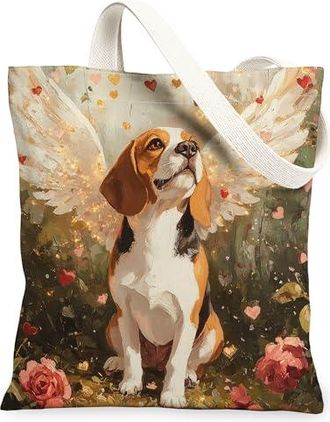 Generic Sac fourre-tout en toile motif chien beagle pour le shopping, 33 x 38 cm, sac d&eacute;picerie r&eacute;utilisable pour la Saint-Valentin, motif ailes vintage, sac 