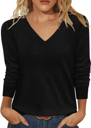 Minetom Pull Femme Hiver Col en V Chaud Pull &Eacute;l&eacute;gant Manches Longues Doux Leger Sweater Automne Hiver Tricot Haut A Noir XL