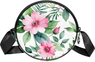 Generic Petit sac &agrave; bandouli&egrave;re circulaire pour femme, motif feuilles florales, sac &agrave; dos avec fermeture &eacute;clair, bretelles r&eacute;glables, sac &agrave; main rond d&eacute;contra