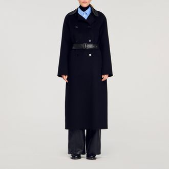Sandro Langer Mantel aus Wolle und Leder