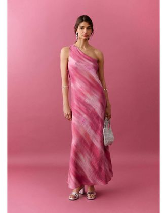 Mango Teen - Robe longue imprim&eacute;e &agrave; ourlet asym&eacute;trique - Rose