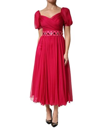 Dolce & Gabbana Womens Pink Silk Embellished A-Line Midi Dress