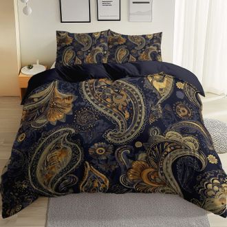 Generic Bedruckte Bettw&auml;sche Set 240 x 260 cm, Retro Paisley Muster Weiche Mikrofaser Bettbezug Sets mit 2 Kissenbezug, Dunkelblau atmungsaktiv Bettbezug mit 