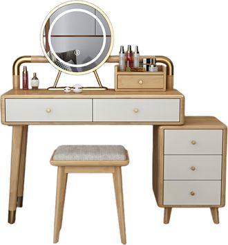 Generic LED Frisiertisch mit Spiegel Gummiholz Make-up Schreibtisch und Stuhl Doppelschublade Kommode mit Aufbewahrungsbox beweglichen Schrank für Links/Recht