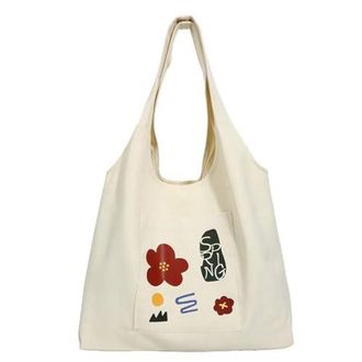 Generic Sac &agrave; bandouli&egrave;re polyvalent en toile de grande capacit&eacute;, sac d&eacute;picerie r&eacute;utilisable pour femme, sac &agrave; main motif fleurs de dessin anim&eacute;, Rouge, White
