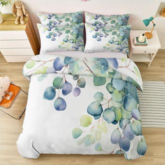 Generic Parure de Lit Fantaisie R&eacute;versible en Microfibre, Motifs Aquarelle Feuilles deucalyptus Simple, Bleu Clair Vert Housse de Couette Douce avec Fermeture