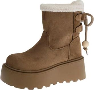 Generic JJDFW Bottes de neige dhiver pour femme Couleur kaki Bout rond Chaussures en coton doux et chaud Fond &eacute;pais Talons hauts 7 cm Femme Courte Peluche, ka