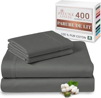 Pizuna Coton Peign&eacute; Parure de Lit 180x200 cm Complet Gris fonc&eacute;, 100% Coton Longue Dur&eacute;e 400 Fils Armure Satin Comprend 1 Drap Housse, 1 Drap Plat, 2 Taie do