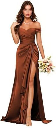 Generic Robe de demoiselle dhonneur en satin à épaules dénudées pour femme avec fente haute et longue froncée, orange brûlé, 52 Grande taille