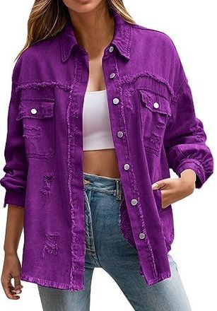 Generic Vestes pour femmes 2026 - Veste en jean surdimensionn&eacute;e d&eacute;chir&eacute;e - D&eacute;contract&eacute;e - Long Boyfriend - Manteau vieilli, violet, XXL