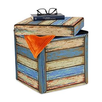 Relaxdays Sitzhocker mit Stauraum, Vintage Holzplanken Design, faltbar, gepolstert, Hocker HBT: 38x37,5x37,5 cm, bunt