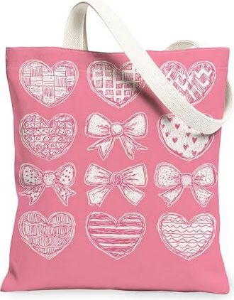 Generic Sac fourre-tout en toile en forme de coeur, joli noeud r&eacute;utilisable, sac de courses motif floral printanier, l&eacute;ger et lavable, bandouli&egrave;re pour voyage