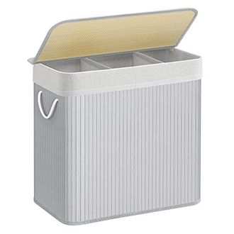 Songmics Panier à Linge 150L, Corbeille Linge Sale 3 Compartiments de Tri, Couvercle en Bambou, Poignées, Pliable, Sac Amovible Lavable en Machine, pour Buande