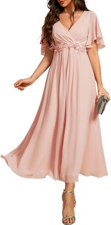 Ever-pretty Abendkleider Damen Elegant f&uuml;r Hochzeit Kn&ouml;chellang Hochzeitsg&auml;ste Kleid Cocktailkleid Festliche Kleider Rosa 56