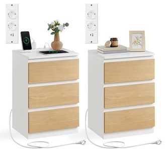 Vasagle Kailyn Collection - Nachttisch mit Steckdosenleiste, 2er Set, Beistelltisch, 3 Schubladen, 2 AC-Steckdosen, 2 USB-A-Anschl&uuml;sse, modern, wolkenwei&szlig;-man