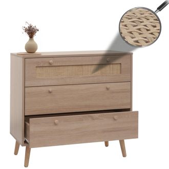 Mendler Schubladenkommode HWC-M39, Schrank Sideboard Highboard, Kubu Rattan Holz Melamin, 78x80x39cm Eiche-Optik