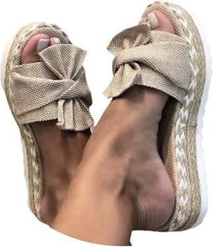 Generic Sandales compens&eacute;es pour femme - Espadrilles &agrave; bout ouvert - Sandales &agrave; talon compens&eacute; confortables - Chaussures &eacute;paisses &agrave; enfiler avec noeud &agrave; bout 