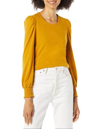 Amazon Essentials Damen Langarm-T-Shirt mit Rundhalsausschnitt und gesmokten Bündchen, Tabakbraun, XL