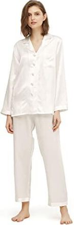 LilySilk Pyjama Soie Femme Vêtement de Nuit Poche Poitrine 2 Pièces Pyjama Long Col Boutonné Manches Longues Fonctionnelle 19 Momme (XXL, Blanc)
