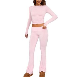Generic Ensemble de v&ecirc;tements de d&eacute;tente pour femme - Tenue deux pi&egrave;ces - Haut court &agrave; manches longues et pantalon &eacute;vas&eacute; taille basse - Surv&ecirc;tement de yoga 2 