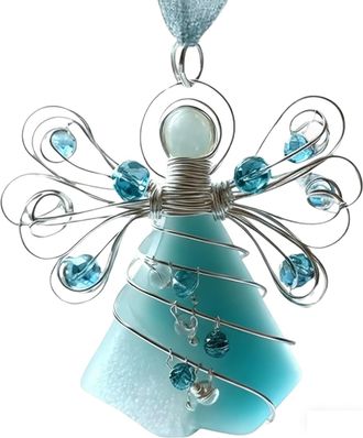 Generic Handgefertigter Engel aus Treibglas, bunter Glasengel mit silbernen Drahtfl&uuml;geln, einzigartige Stranddekoration zum Aufh&auml;ngen mit Seil, Weihnachten un