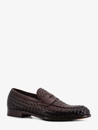 Doucal's Mens Leather Loafers With Woven Pattern Brown