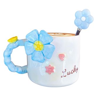 Generic 3D-Kaffeetasse mit rosa - &uuml;bergro&szlig;e Keramiktasse mit dekorativem L&ouml;ffel | dynamische &auml;sthetische Cottagecores f&uuml;r Fr&uuml;hling und Sommer | Haus- und Glas
