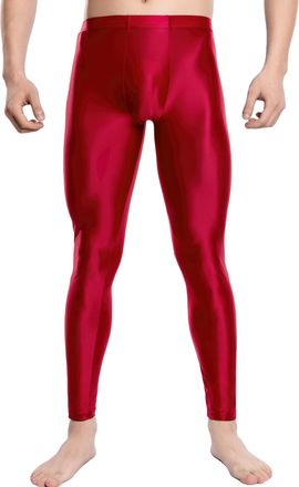 Feoya Herren Leggings Öl Glänzend Sporthosen Lang Hosen Strumpfhosen Yoga Unterhose L Rot