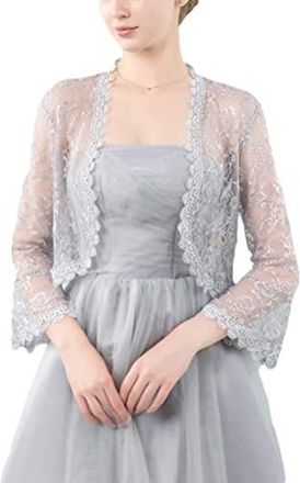 Minetom Boléro Dentelle Femme Gilet Court Elégant Mariage Soirée Cocktail Manches Longues Veste Cardigan Châle Ouverte pour Robe B Gris Taille Unique